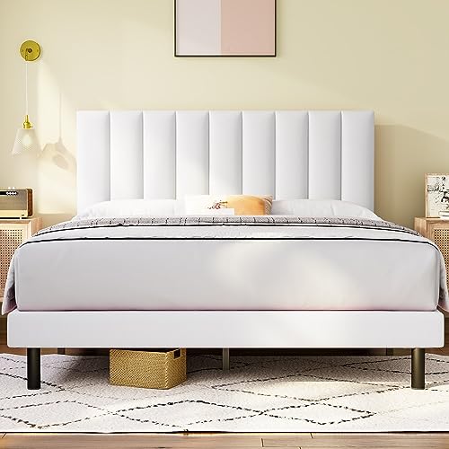 Molblly Queen Size Bed Frame Upholstered Platform with Headboard and Strong Wooden Slats,Mattress Foundation,Non-Slip and Noise-Free,No Box Spring Needed, Easy Assembly,White