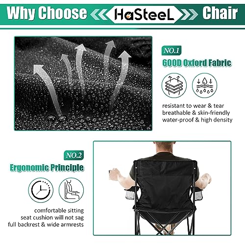 HaSteeL Camping Chair, Oversized Folding Lawn Chair for Adults, Foldable Camp Chair with Cup Holders Portable for Outdoor Fishing, Hiking, Travel, Picnic, Beach, Carrying Bag & Supports 275lbs (Black)