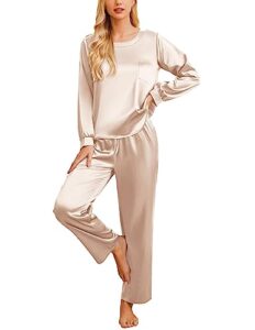 ekouaer pjs womens satin nightwear long sleeve sleep set champagne 2 pieces sleepwear set two piece bride pajama champagne xl