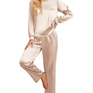 Ekouaer Pjs Womens Satin Nightwear Long Sleeve Sleep Set Champagne 2 Pieces Sleepwear Set Two Piece Bride Pajama Champagne XL