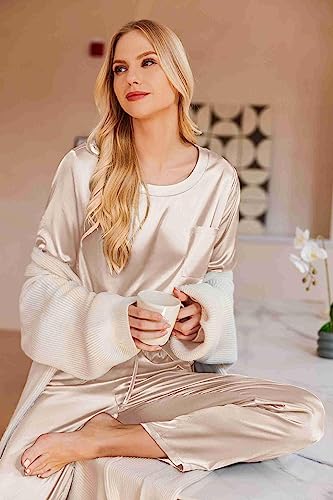 Ekouaer Pjs Womens Satin Nightwear Long Sleeve Sleep Set Champagne 2 Pieces Sleepwear Set Two Piece Bride Pajama Champagne XL