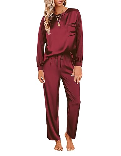 Ekouaer Womens Silk Satin Pajamas Loungewear Two Piece Sleep Set Silk Pjs for Women Winter Long Sleeve Sleepwear Pajamas Set Red S