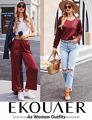 Ekouaer Womens Silk Satin Pajamas Loungewear Two Piece Sleep Set Silk Pjs for Women Winter Long Sleeve Sleepwear Pajamas Set Red S