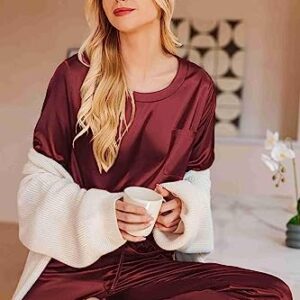 Ekouaer Womens Silk Satin Pajamas Loungewear Two Piece Sleep Set Silk Pjs for Women Winter Long Sleeve Sleepwear Pajamas Set Red S