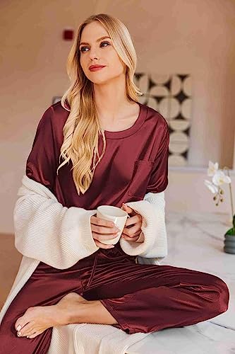 Ekouaer Womens Silk Satin Pajamas Loungewear Two Piece Sleep Set Silk Pjs for Women Winter Long Sleeve Sleepwear Pajamas Set Red S