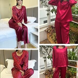 Ekouaer Womens Silk Satin Pajamas Loungewear Two Piece Sleep Set Silk Pjs for Women Winter Long Sleeve Sleepwear Pajamas Set Red S