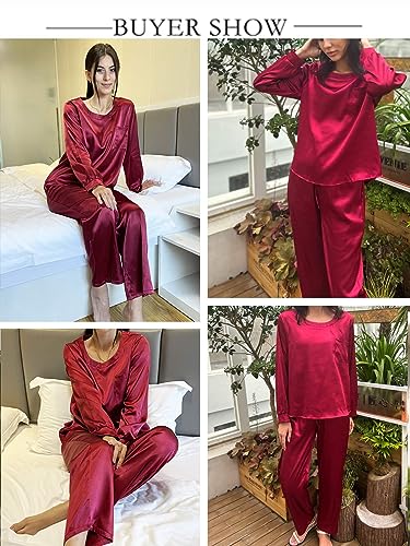 Ekouaer Womens Silk Satin Pajamas Loungewear Two Piece Sleep Set Silk Pjs for Women Winter Long Sleeve Sleepwear Pajamas Set Red S