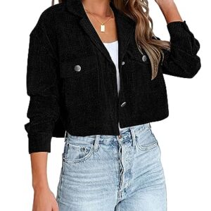 BTFBM Women's Corduroy Cropped Jacket 2023 Winter Fall Lapel Button Down Casual Short Shacket Jackets Coats with Pockets(Soldi Black, Large)