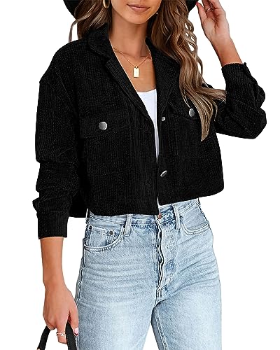 BTFBM Women's Corduroy Cropped Jacket 2023 Winter Fall Lapel Button Down Casual Short Shacket Jackets Coats with Pockets(Soldi Black, Large)