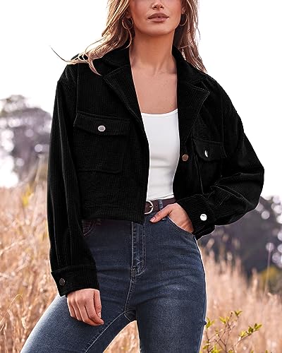 BTFBM Women's Corduroy Cropped Jacket 2023 Winter Fall Lapel Button Down Casual Short Shacket Jackets Coats with Pockets(Soldi Black, Large)