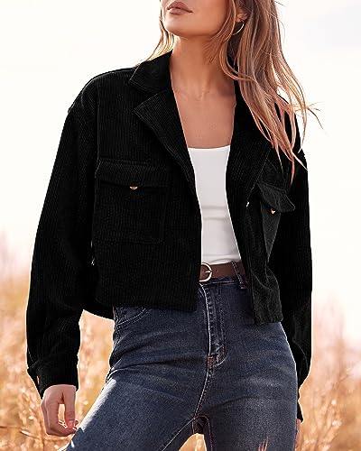 BTFBM Women's Corduroy Cropped Jacket 2023 Winter Fall Lapel Button Down Casual Short Shacket Jackets Coats with Pockets(Soldi Black, Large)