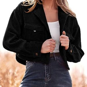 BTFBM Women's Corduroy Cropped Jacket 2023 Winter Fall Lapel Button Down Casual Short Shacket Jackets Coats with Pockets(Soldi Black, Large)