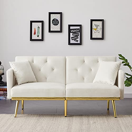 Eafurn 59" Button Tufted Loveseat Couch,Velvet Upholstered Convertible Futon Sofa Bed with 6 Golden Metal Legs, Modern 2 Seat Sleeper Sofa & Couch for Small Spaces,Living Room, Bedroom, Home Office,