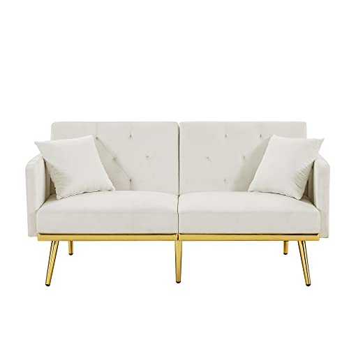 Eafurn 59" Button Tufted Loveseat Couch,Velvet Upholstered Convertible Futon Sofa Bed with 6 Golden Metal Legs, Modern 2 Seat Sleeper Sofa & Couch for Small Spaces,Living Room, Bedroom, Home Office,