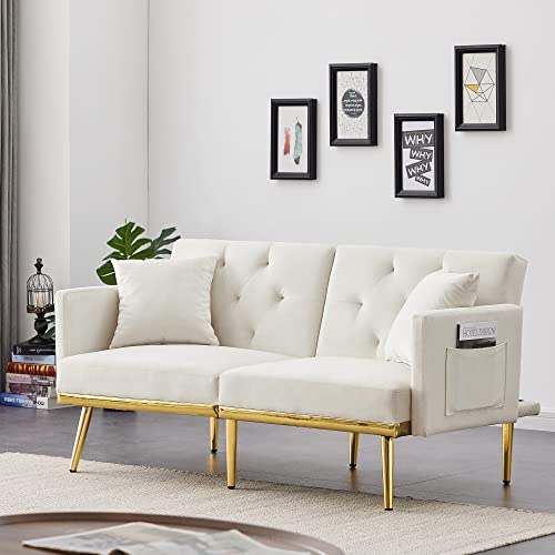 Eafurn 59" Button Tufted Loveseat Couch,Velvet Upholstered Convertible Futon Sofa Bed with 6 Golden Metal Legs, Modern 2 Seat Sleeper Sofa & Couch for Small Spaces,Living Room, Bedroom, Home Office,