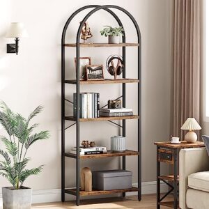 idealhouse bookshelf 5 tier bookcase arched display racks tall standing bookshelves metal frame rustic storage rack shelf brown book shelf for bedroom, living room, home office, rustic brown