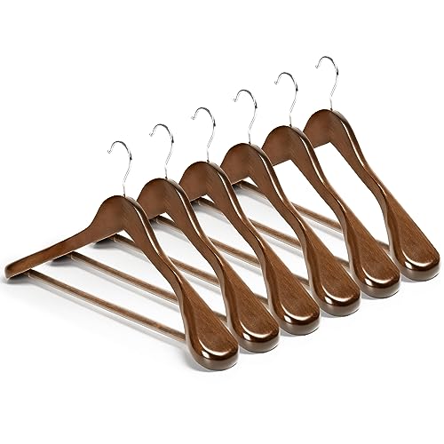 Greenual 6 Pack Wooden Suit Hangers with Extra-Wide Shoulder and Non-Slip Bar Coat Hangers 360° Swivel Hook Wood Coat Hangers for Sweaters Shirts Jackets Pants Heavy Clothes Hangers