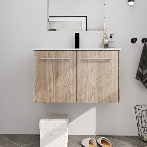 Yoluckea 30" Wall Mounted Bathroom Vanity with Sink, Modern Floating Bathroom Vanity Sink Combo Plywood Hanging Bath Cabinet with White Wash Gel Basin and 2 Soft Close Doors