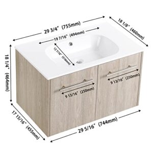 Yoluckea 30" Wall Mounted Bathroom Vanity with Sink, Modern Floating Bathroom Vanity Sink Combo Plywood Hanging Bath Cabinet with White Wash Gel Basin and 2 Soft Close Doors