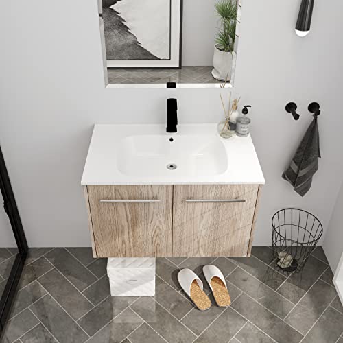 Yoluckea 30" Wall Mounted Bathroom Vanity with Sink, Modern Floating Bathroom Vanity Sink Combo Plywood Hanging Bath Cabinet with White Wash Gel Basin and 2 Soft Close Doors