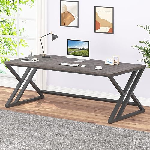 IBF Long Rustic Computer Desk, Industrial Large Wood Metal Office Desk, Modern Pc Study Writing Desk for Two Person, Corner Workstation Executive Desk for Home Bedroom Living Room, Dark Gray, 70 Inch