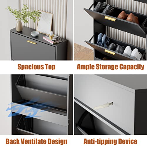 JOZZBY Shoe Cabinet for Entryway, Black Slim Shoe Cabinet with 3 Flip Drawers Narrow Shoe Storage Cabinet Freestanding Shoe Organizer for Entryway, Hallway, Living Room