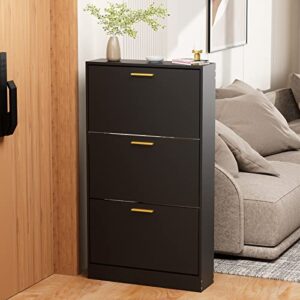 JOZZBY Shoe Cabinet for Entryway, Black Slim Shoe Cabinet with 3 Flip Drawers Narrow Shoe Storage Cabinet Freestanding Shoe Organizer for Entryway, Hallway, Living Room