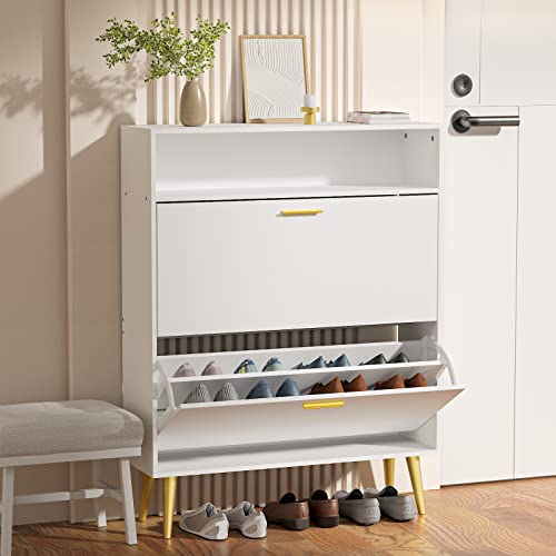 JOZZBY Shoe Cabinet for Entryway, White Narrow Shoe Cabinet with 2 Flip Drawers Slim Shoe Storage Cabinet Freestanding Shoe Organizer Hidden Show Cabinet for Entryway, Hallway, Living Room