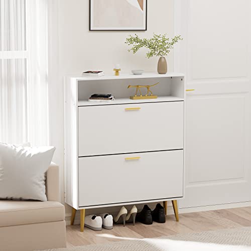 JOZZBY Shoe Cabinet for Entryway, White Narrow Shoe Cabinet with 2 Flip Drawers Slim Shoe Storage Cabinet Freestanding Shoe Organizer Hidden Show Cabinet for Entryway, Hallway, Living Room