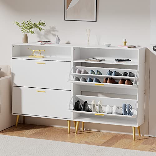 JOZZBY Shoe Cabinet for Entryway, White Narrow Shoe Cabinet with 2 Flip Drawers Slim Shoe Storage Cabinet Freestanding Shoe Organizer Hidden Show Cabinet for Entryway, Hallway, Living Room