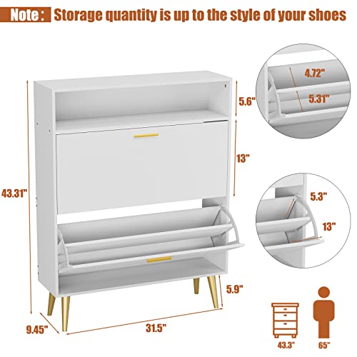 JOZZBY Shoe Cabinet for Entryway, White Narrow Shoe Cabinet with 2 Flip Drawers Slim Shoe Storage Cabinet Freestanding Shoe Organizer Hidden Show Cabinet for Entryway, Hallway, Living Room