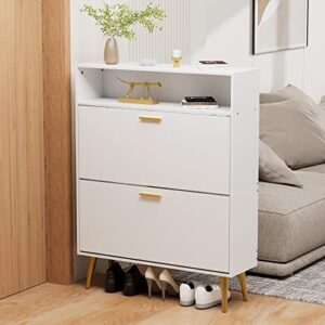 JOZZBY Shoe Cabinet for Entryway, White Narrow Shoe Cabinet with 2 Flip Drawers Slim Shoe Storage Cabinet Freestanding Shoe Organizer Hidden Show Cabinet for Entryway, Hallway, Living Room