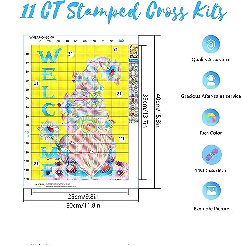 KARMOGSO Stamped Cross Stitch Kits for Adults Beginners,Gnome Welcome Counted Cross Stitch Kit,Full Range of Needlepoint Stamped Kits Needlecrafts Arts and Crafts Embroidery for Home Decor,12"x16"