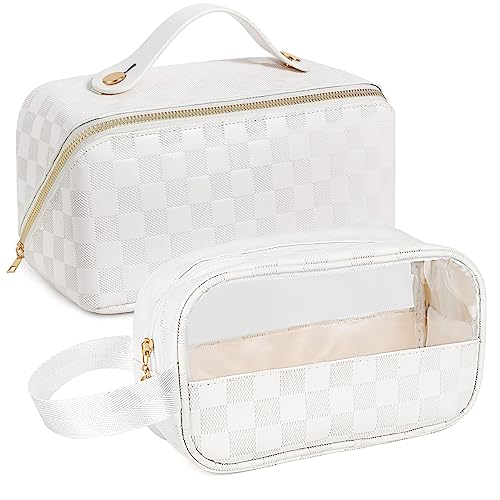 Portable Travel Makeup Bag Set, Women Cosmetics Bags, Large Capacity Makeup Bag Organizers Multipurpose Toiletry Bags Transparent Storage Case for Girls 2 Pcs White