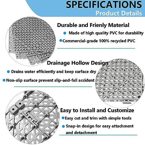 12” x 12” Drainage Interlocking Floor Tiles, 12 Pack Non-Slip Pool Deck Drain Tiles for Flooring, Soft PVC Splicing Modular Cushion Mats, Rubber Floor Tiles with Holes for Shower Basement Garage Shed