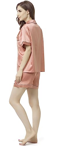 EQIQU Womens Silk Satin Pajamas Set Two-Piece Pjs Sets Short Sleeve Sleepwear Button-Down Loungewear Rose Gold Medium