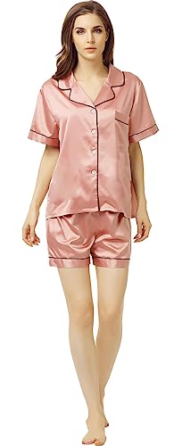 EQIQU Womens Silk Satin Pajamas Set Two-Piece Pjs Sets Short Sleeve Sleepwear Button-Down Loungewear Rose Gold Medium