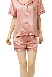 EQIQU Womens Silk Satin Pajamas Set Two-Piece Pjs Sets Short Sleeve Sleepwear Button-Down Loungewear Rose Gold Medium