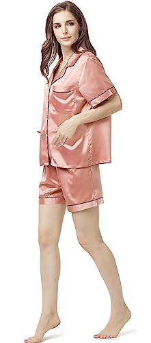 EQIQU Womens Silk Satin Pajamas Set Two-Piece Pjs Sets Short Sleeve Sleepwear Button-Down Loungewear Rose Gold Medium