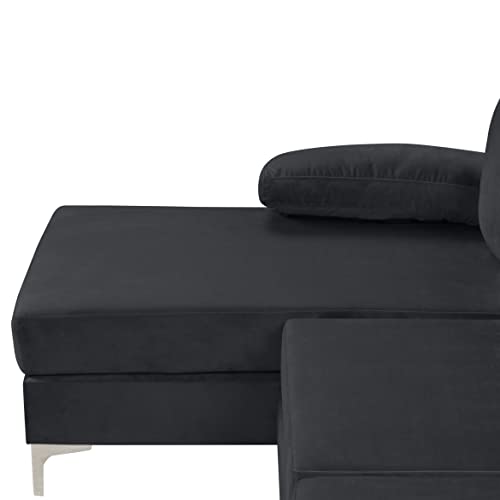 Divano Roma Furniture Modern Large Velvet Fabric U-Shape Sectional Sofa, Double Extra Wide Chaise Lounge Couch, Black