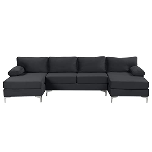 Divano Roma Furniture Modern Large Velvet Fabric U-Shape Sectional Sofa, Double Extra Wide Chaise Lounge Couch, Black