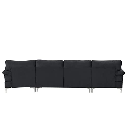 Divano Roma Furniture Modern Large Velvet Fabric U-Shape Sectional Sofa, Double Extra Wide Chaise Lounge Couch, Black