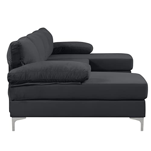 Divano Roma Furniture Modern Large Velvet Fabric U-Shape Sectional Sofa, Double Extra Wide Chaise Lounge Couch, Black