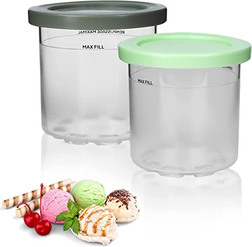 AZLESLOG 16 oz. Containers | Extra Replacement Pints and Lids - Compatible with NC300, NC301,CN305A, NC299AM Series Ice Cream Makers, Airtight and Dishwasher Safe (Green+Grey-2 Pack)