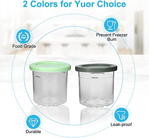 AZLESLOG 16 oz. Containers | Extra Replacement Pints and Lids - Compatible with NC300, NC301,CN305A, NC299AM Series Ice Cream Makers, Airtight and Dishwasher Safe (Green+Grey-2 Pack)