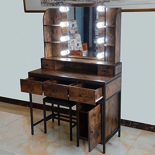 Vocuer Vanity Table with Lighted Mirror, Makeup Vanity Desk with 3 Makeup Drawer, 2 Shelves, 8 Led Makeup Light & Vanity Stool, Vanity Mirror with Lights and Table Set, Makeup Desk Dressing Table