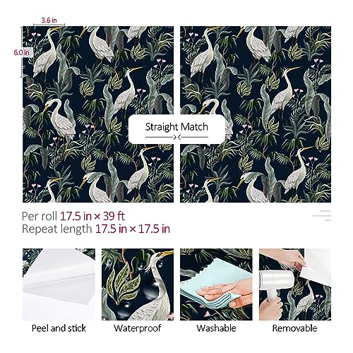 ReWallpaper 17.5in X 39ft Peel and Stick Wallpaper Vintage Dark Botanical Wallpaper Removable Navy White Crane Wallpaper for Bathroom Bedroom Living Room Self Adhesive Renter Friendly Contact Paper