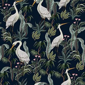 rewallpaper 17.5in x 39ft peel and stick wallpaper vintage dark botanical wallpaper removable navy white crane wallpaper for bathroom bedroom living room self adhesive renter friendly contact paper