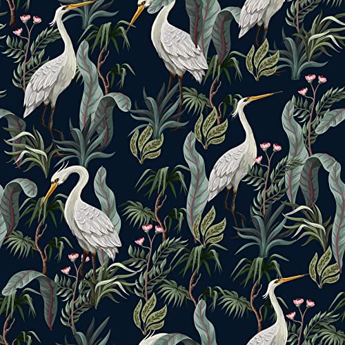 ReWallpaper 17.5in X 39ft Peel and Stick Wallpaper Vintage Dark Botanical Wallpaper Removable Navy White Crane Wallpaper for Bathroom Bedroom Living Room Self Adhesive Renter Friendly Contact Paper