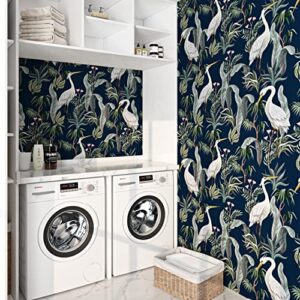 ReWallpaper 17.5in X 39ft Peel and Stick Wallpaper Vintage Dark Botanical Wallpaper Removable Navy White Crane Wallpaper for Bathroom Bedroom Living Room Self Adhesive Renter Friendly Contact Paper